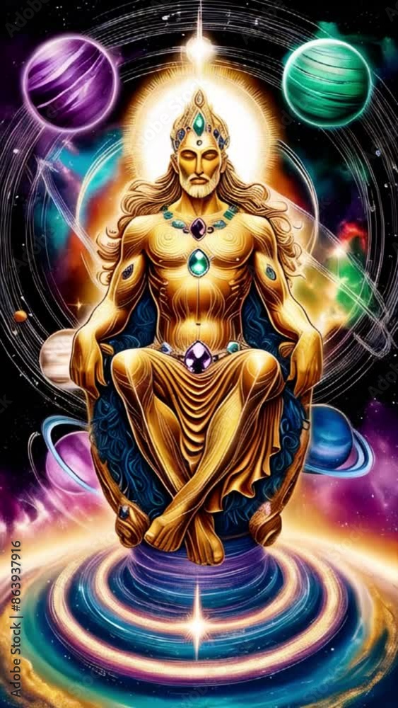 Hindu god Brahma sitting on his cosmic chair while chakras of the world ...