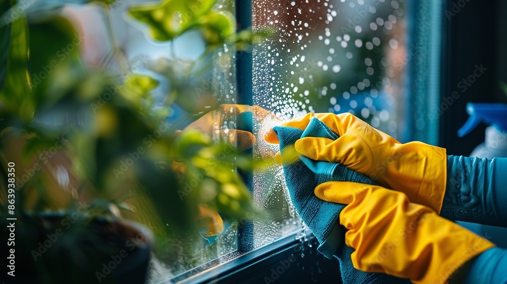 Women with yellow gloves use a rag and cleaning spray to wash the ...