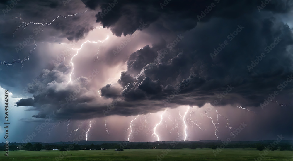 A dramatic thunderstorm, capturing lightning strikes, dark clouds, and ...