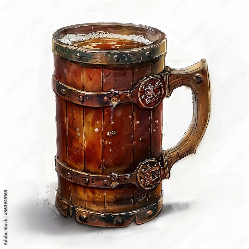 Vintage, medieval drawn art style. Wooden beer mug with metal ...