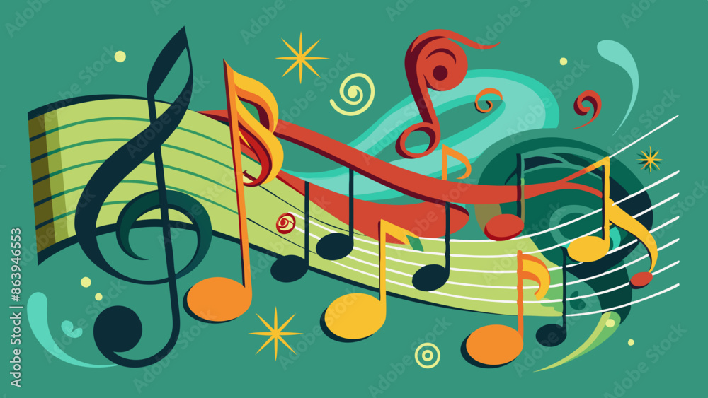 Musical notes, including a treble clef, quarter notes, and eighth notes ...