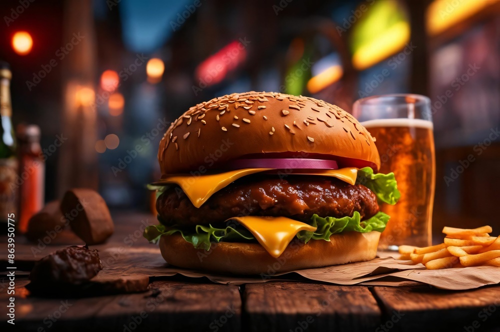 Burger on street food background. Hamburger on a table. Classic Deluxe ...