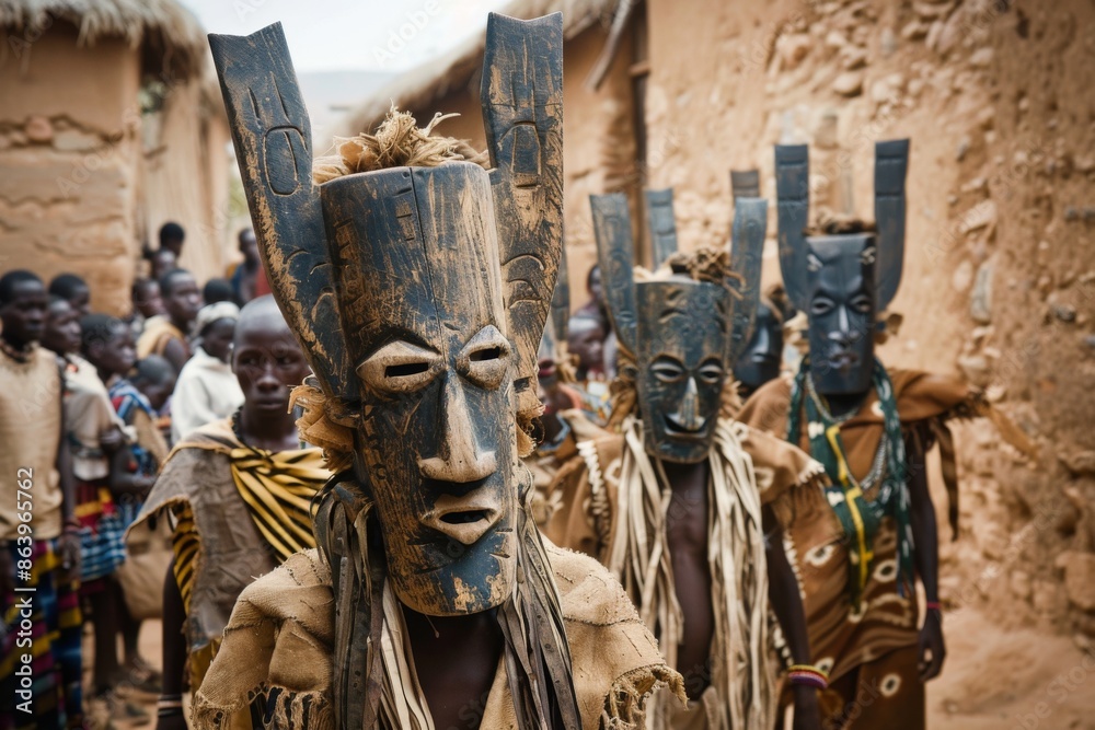 Dogon procession with dancers wearing the tall, narrow Sirige masks ...