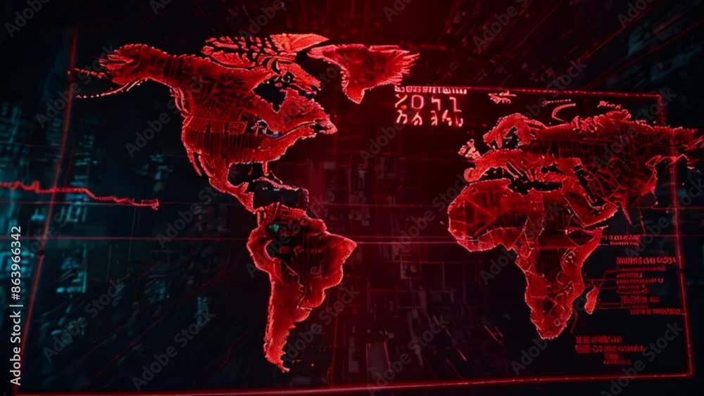 A red world map made of glowing lines on a black background with green ...