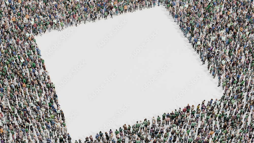 Large group of people stand together and forming square shape frame ...