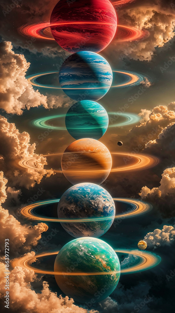 Unique astronomy concept showcasing an alignment of colorful and ...
