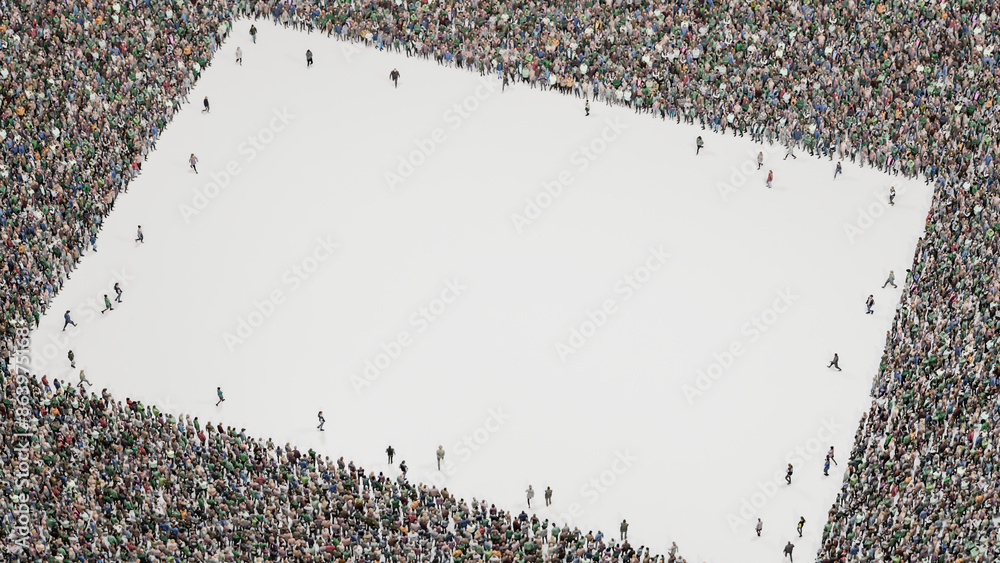 Large group of people stand together and forming rectangle shape frame ...