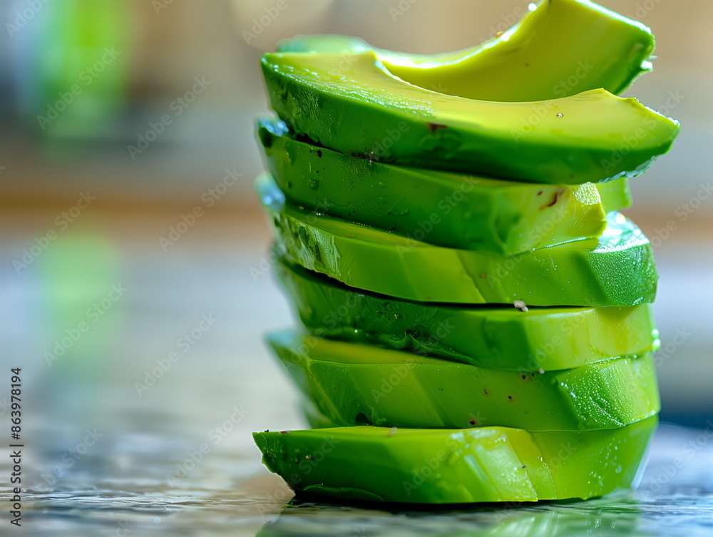 Stack of avocado slices forming a spiral tower, dynamic and intriguing ...