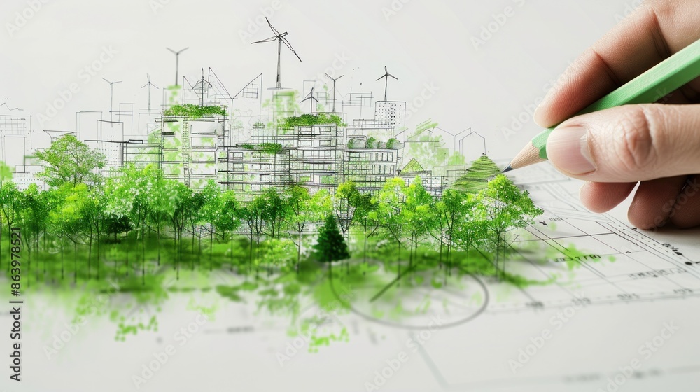 Eco-City Blueprint with Greenery and Wind Turbines Stock Photo | Adobe ...