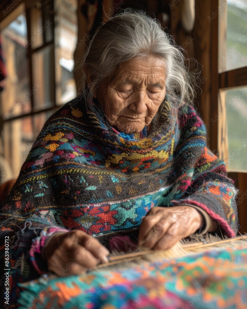 Elderly Mapuche Woman Weaving Blanket in Traditional Attire in Temuco ...
