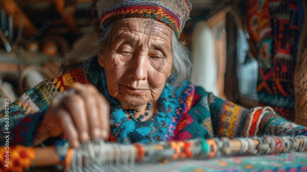 Elderly Mapuche Woman Weaving Blanket in Traditional Attire in Temuco ...