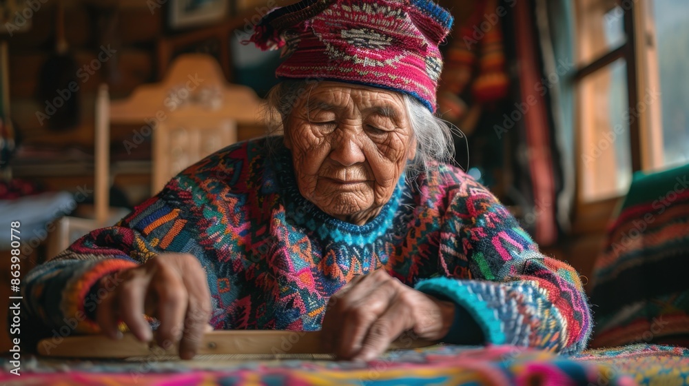 Elderly Mapuche Woman Weaving Blanket in Traditional Attire in Temuco ...