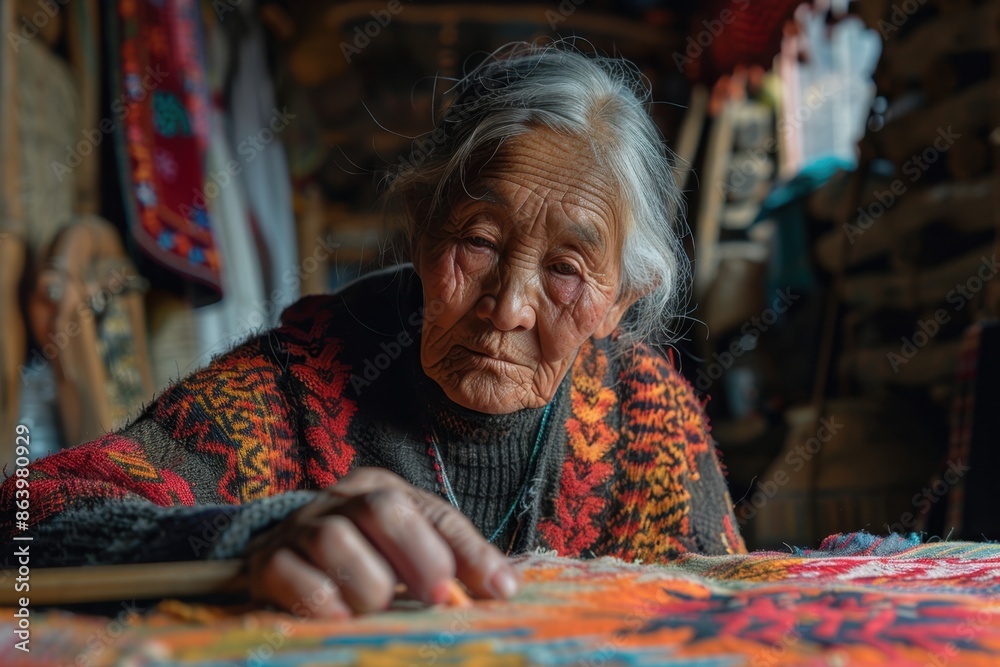 Elderly Mapuche Woman Weaving Blanket in Traditional Attire in Temuco ...