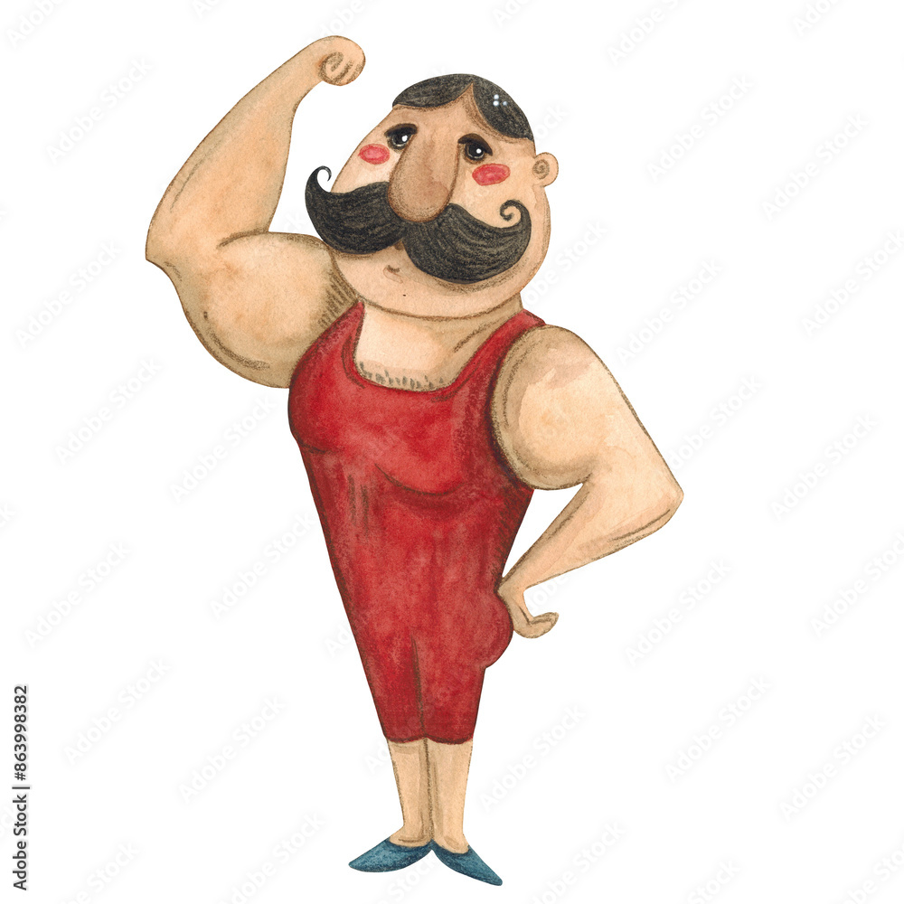 Circus strongman, a very strong man in a red retro swimsuit. Hand drawn ...