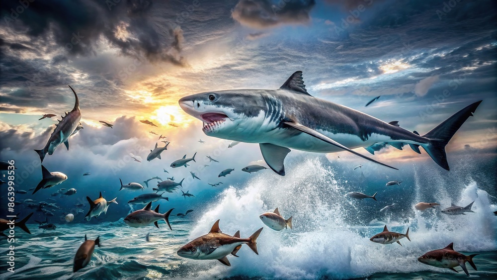 Thrilling stock photo capturing a dramatic shark hunt in the marine ...