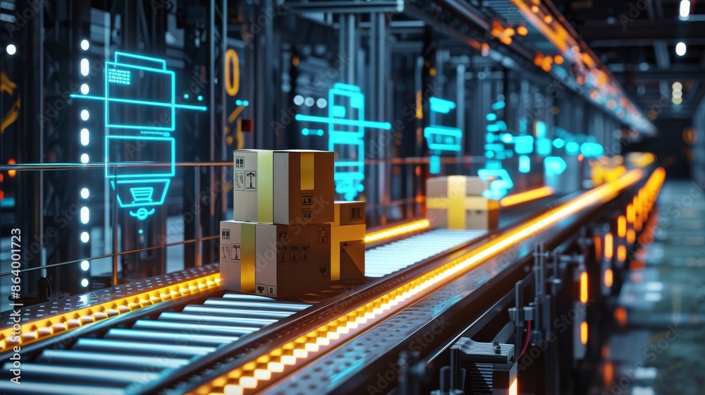 Futuristic shipping line, conveyor belt with parcels, integrated ...