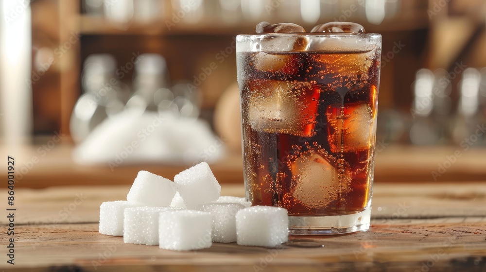 Glass of soda next to sugar cubes, showing the sugar content in the ...