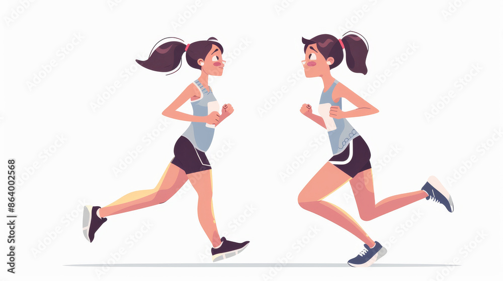 Before & after a run, a beautiful girl sweats. Illustration in flat ...