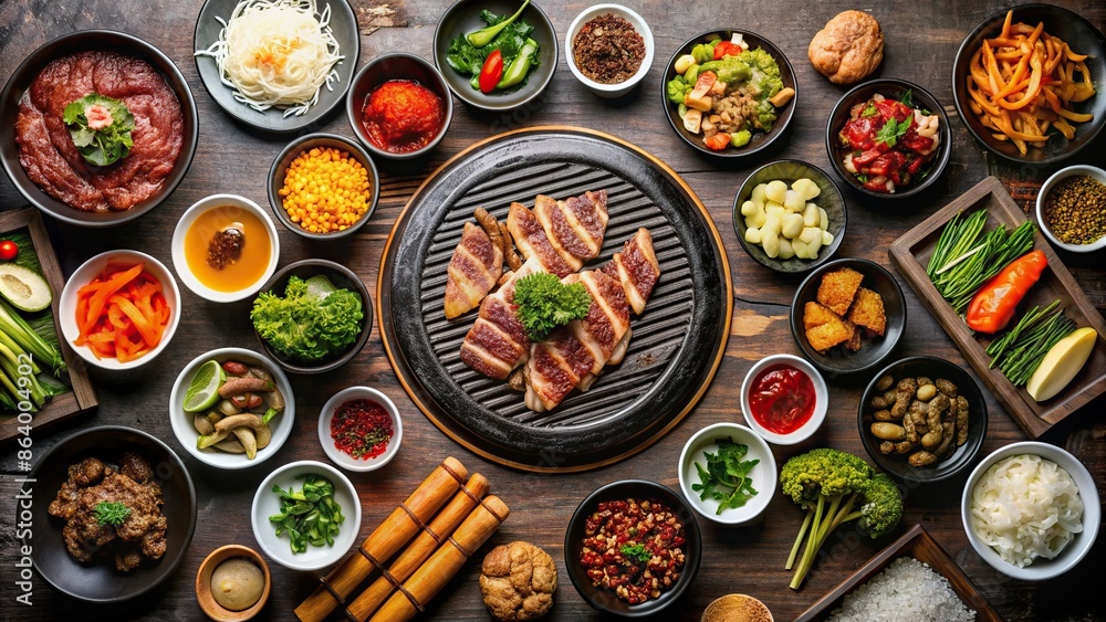 Korean BBQ spread with traditional side dishes for communal dining ...