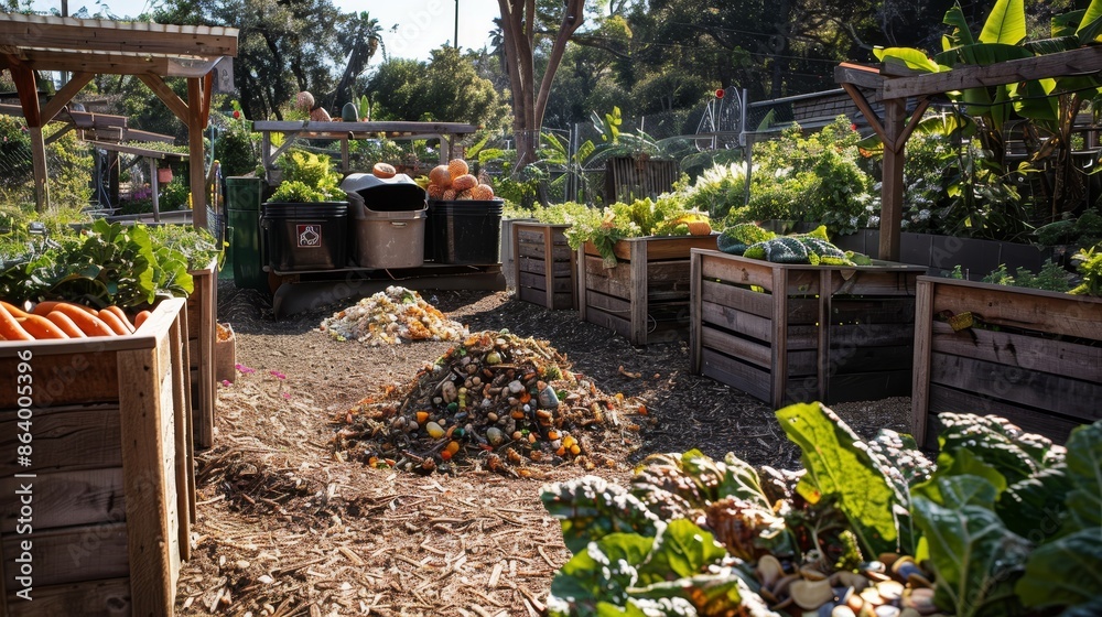 Organic waste being processed at a compost recycling station, showing ...