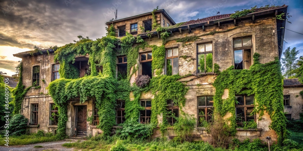 Creepy and decrepit abandoned building with broken windows and ...