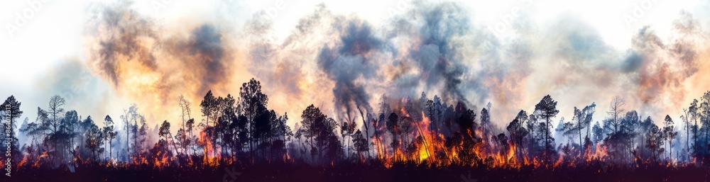 A color painting depicting a wildfire along a firebreak, with smoke and ...