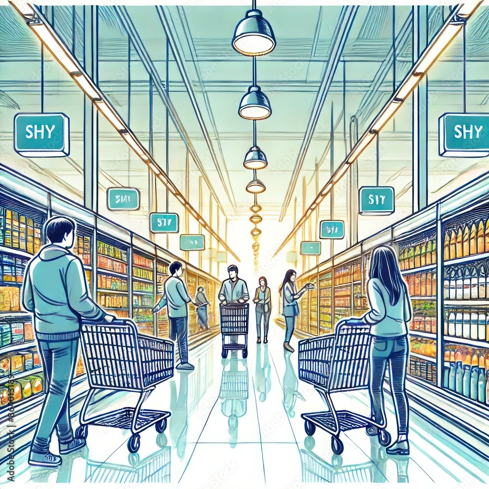 Cartoon Supermarket Aisle with Shoppers and Carts, AI-Generated ...