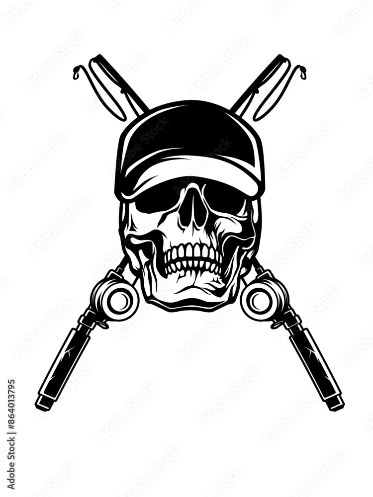 Skull Fishing Illustration, Angling Stencil, Angler Vector, Fishing ...