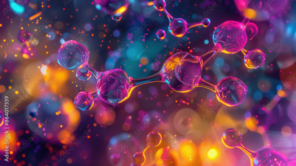 Vivid chemical reaction, molecular structures glowing, surreal ...