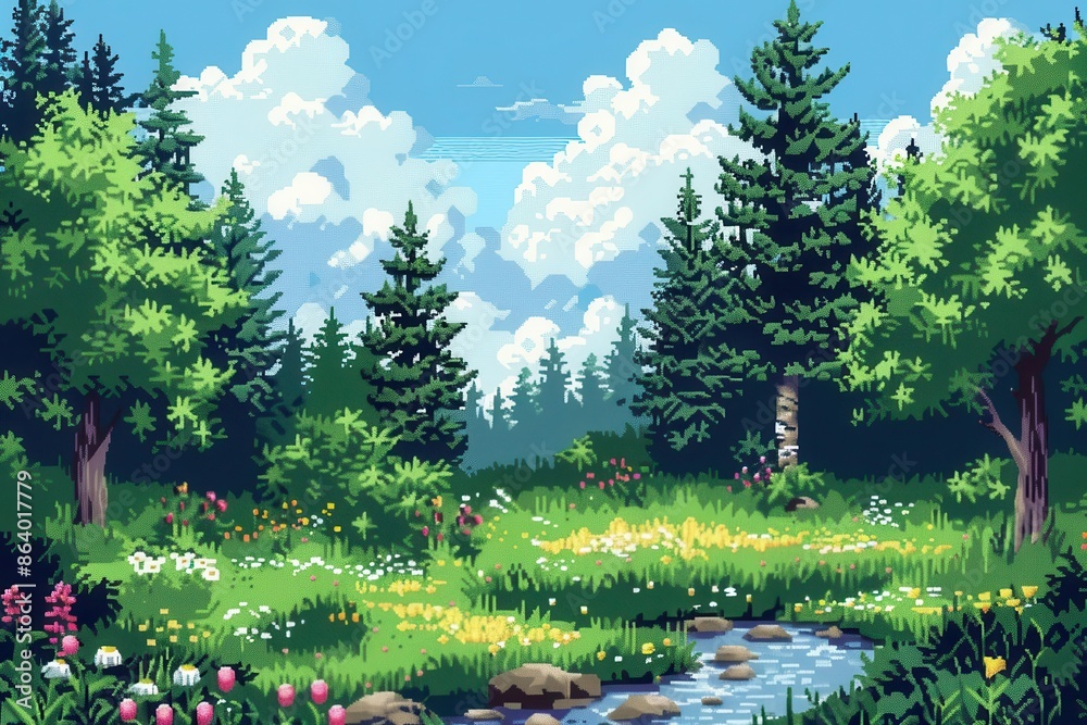pixel art scene of a tranquil forest clearing with a bubbling stream ...