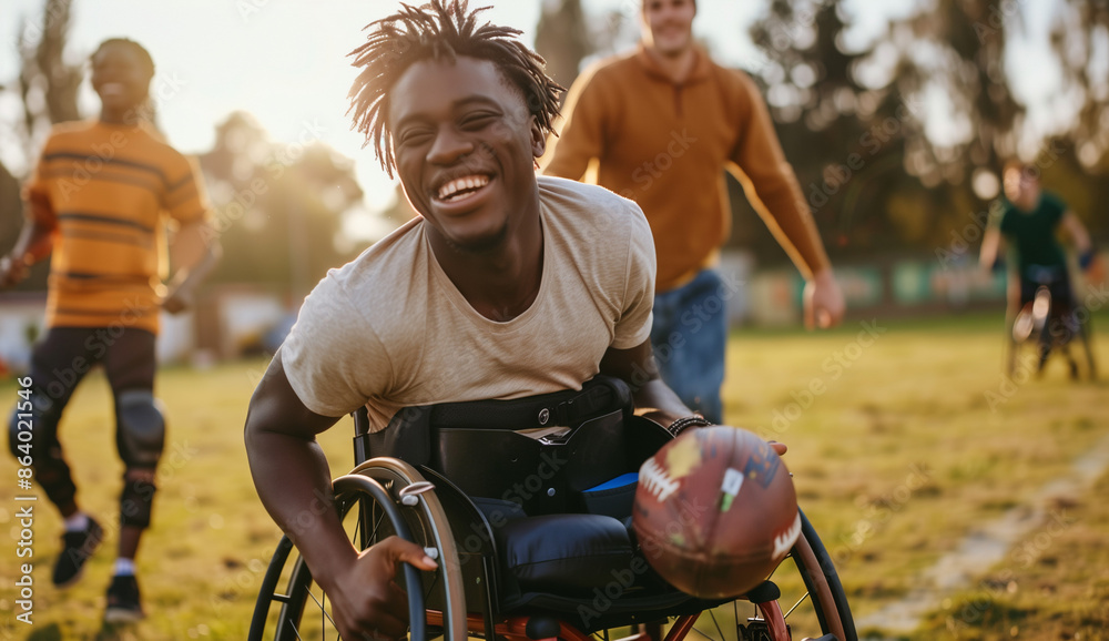 football player with ball. Disabled black rugby player. Happy football ...