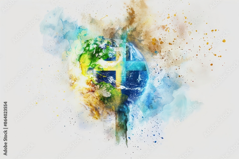 watercolor digital painting of earth embraced by a cross vibrant ...