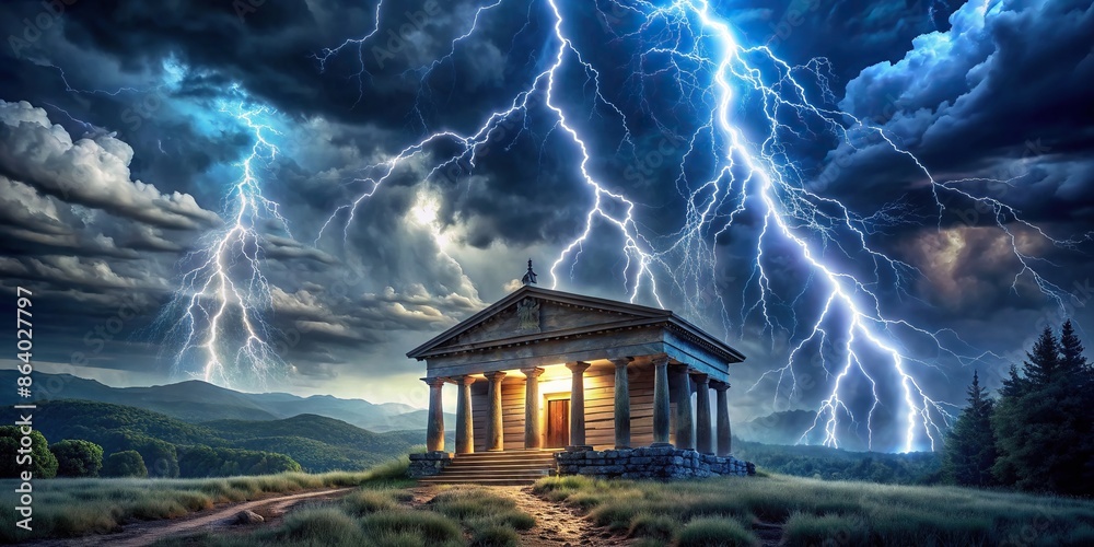 Majestic cabin of Zeus at Camp Half-Blood surrounded by lightning bolts ...