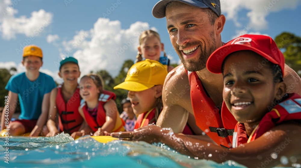 Lifeguard engaging with children during a water safety drill, focusing ...