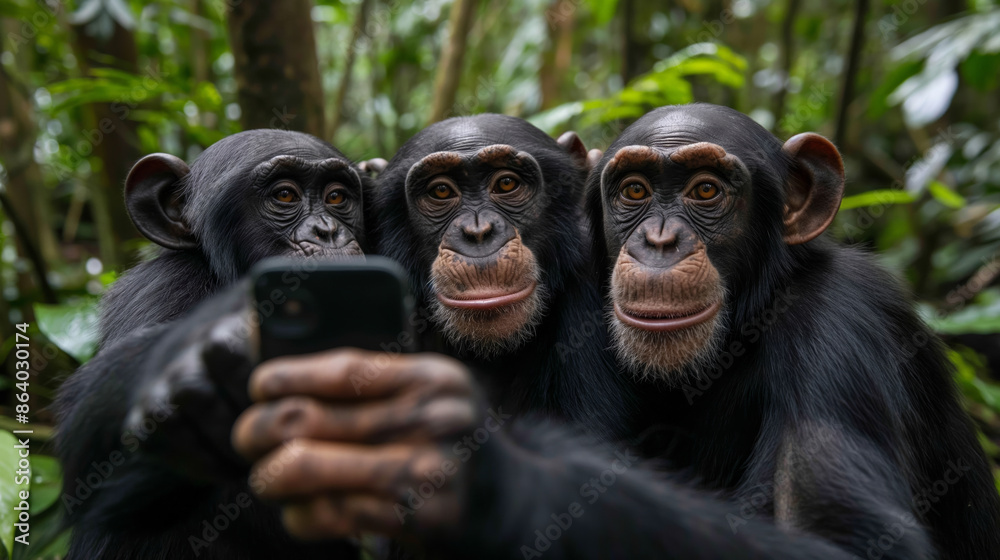 Three monkeys are taking a selfie with a cell phone. Concept of ...