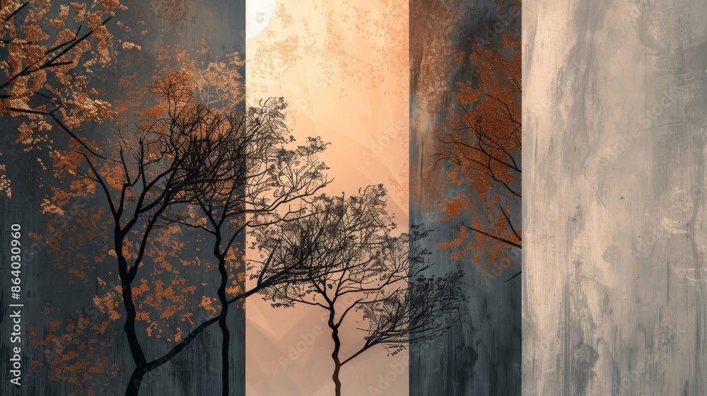 Abstract design with overlapping tree forms light reflections and a ...