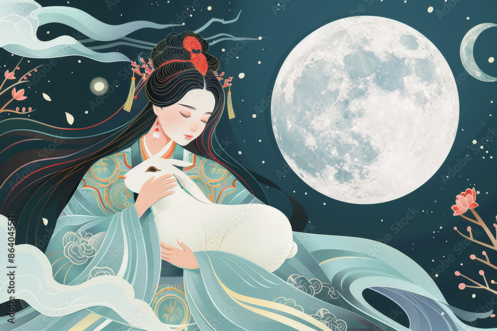Beautiful chinese goddess chang'e holding jade rabbit and celebrating ...