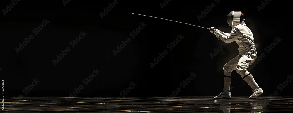A fencer, rapier glinting under focused light, seamless black ...