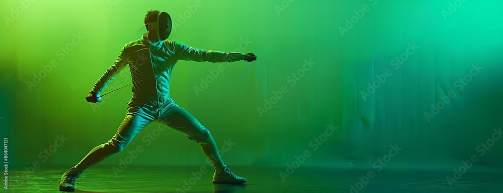 Side view, energetic young man, fencer, with smallsword, practicing ...