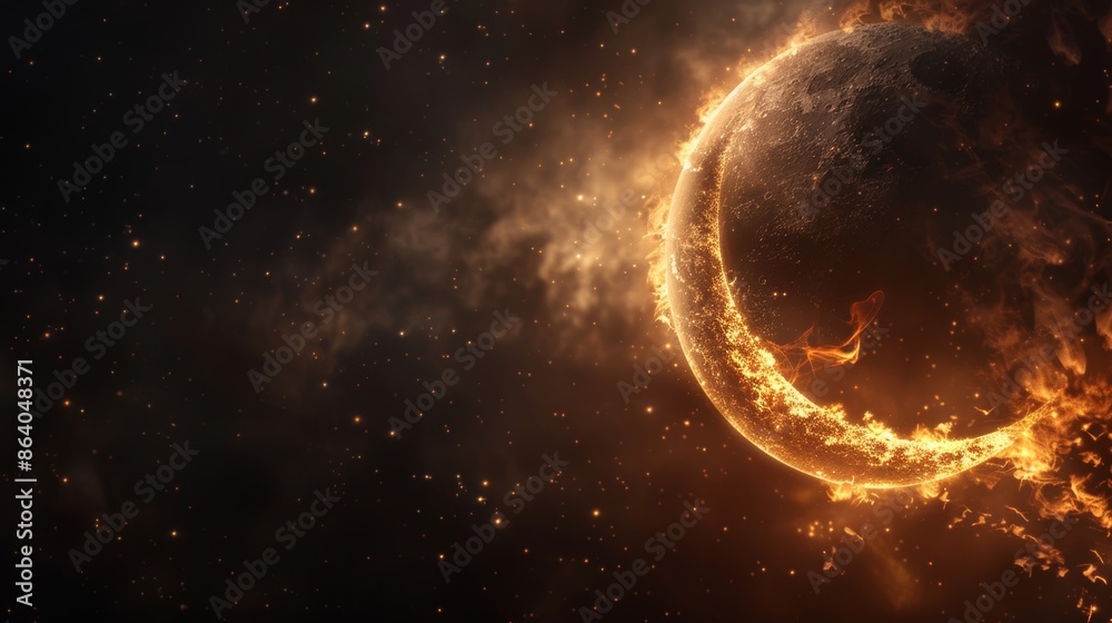 Celestial scene featuring a crescent-shaped moon with a fiery glow on ...