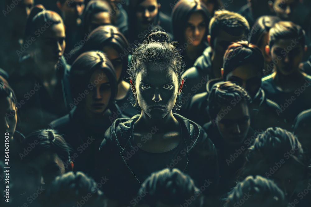 A fierce and angry woman stands out in a dystopian crowd, her unique ...