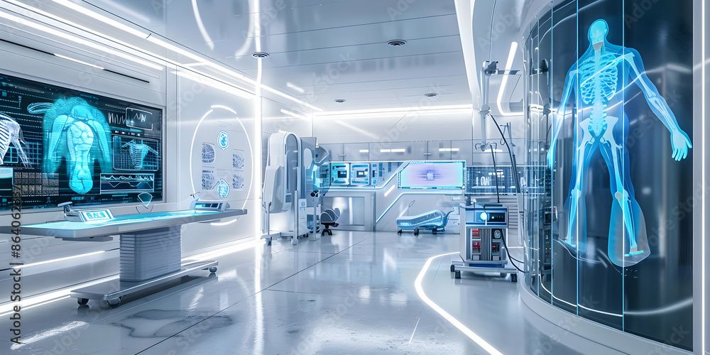Futuristic hospital room with advanced technology, holographic displays ...