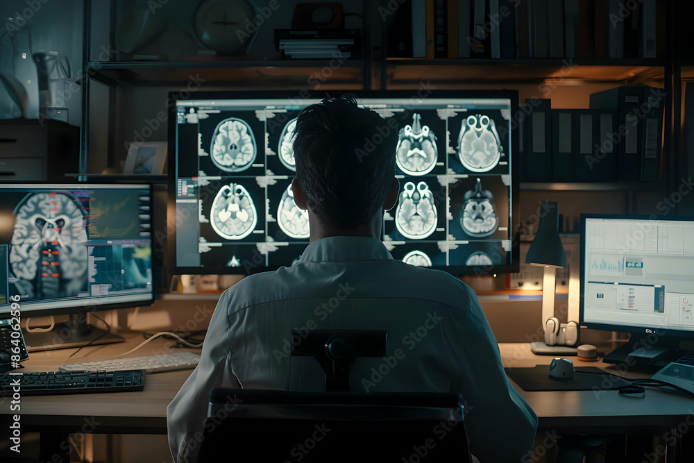 Medical professional analyzing brain scans on multiple monitors in a ...