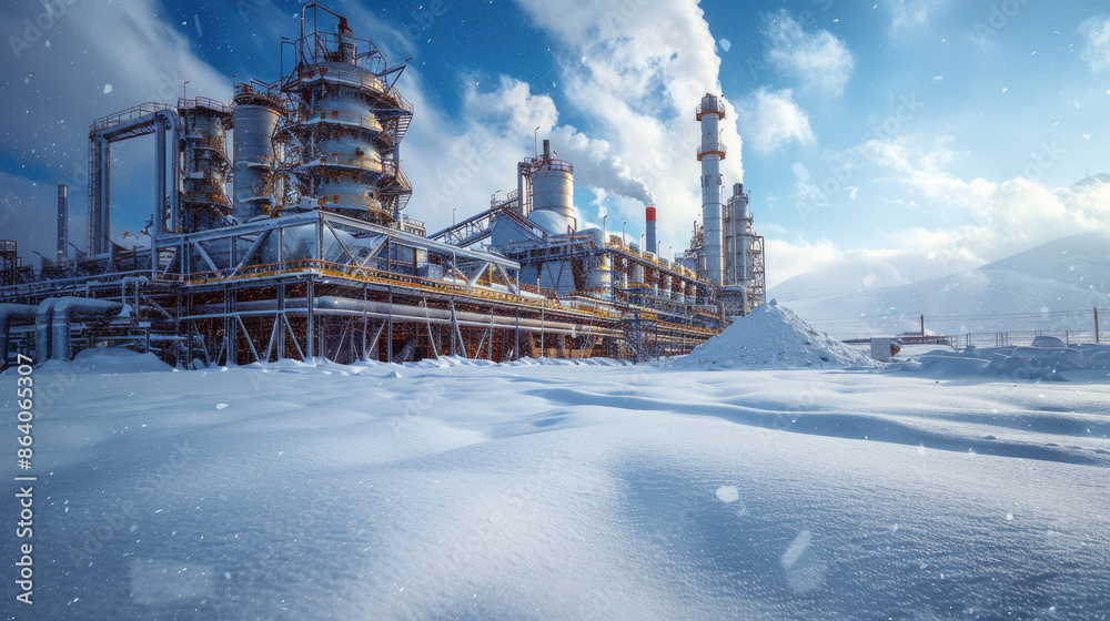Snowy industrial plant with heavy machinery in a cold environment ...
