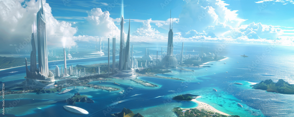 Futuristic landscape depicting a coastal metropolis with floating ...