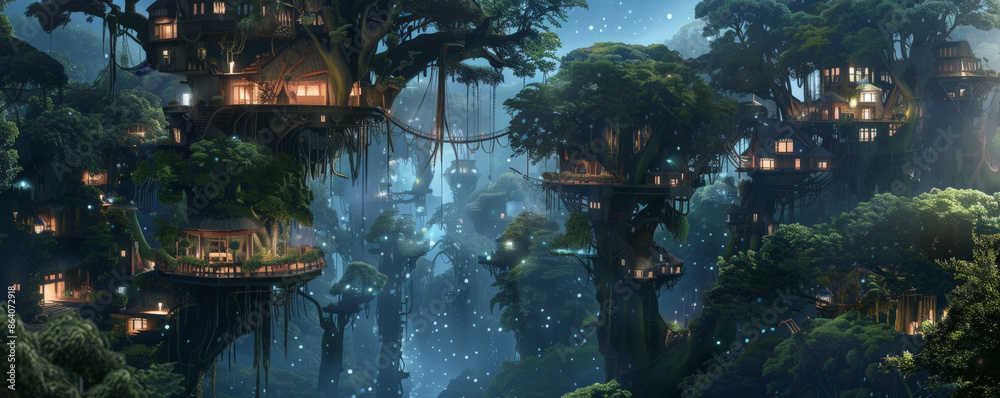 Futuristic landscape featuring a high-tech jungle village with advanced ...