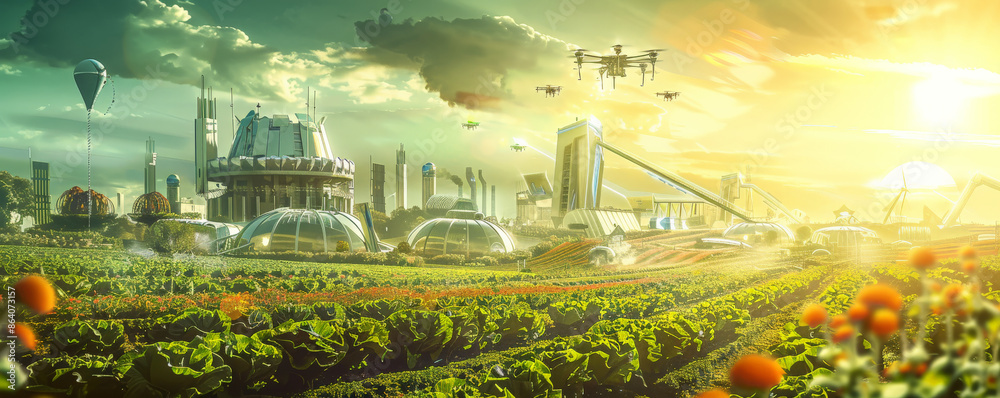 Futuristic landscape featuring a vast, advanced agricultural area with ...