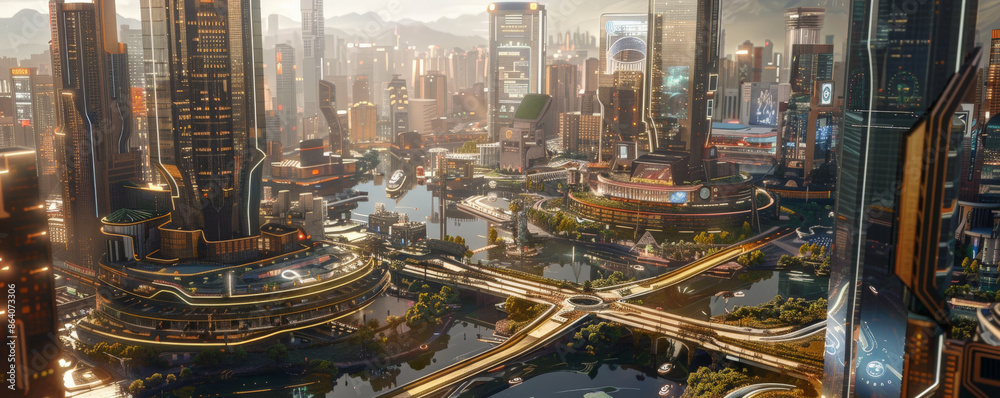 Futuristic landscape of a dense urban area with a mix of traditional ...