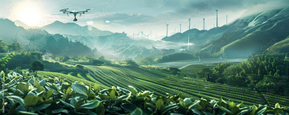 Futuristic landscape of a lush valley with advanced agricultural fields ...