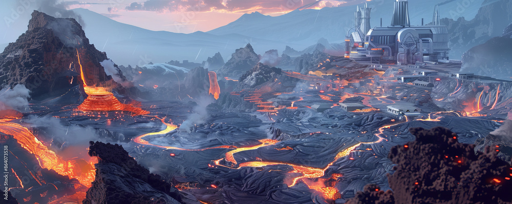 Futuristic landscape of a volcanic island with geothermal energy plants ...